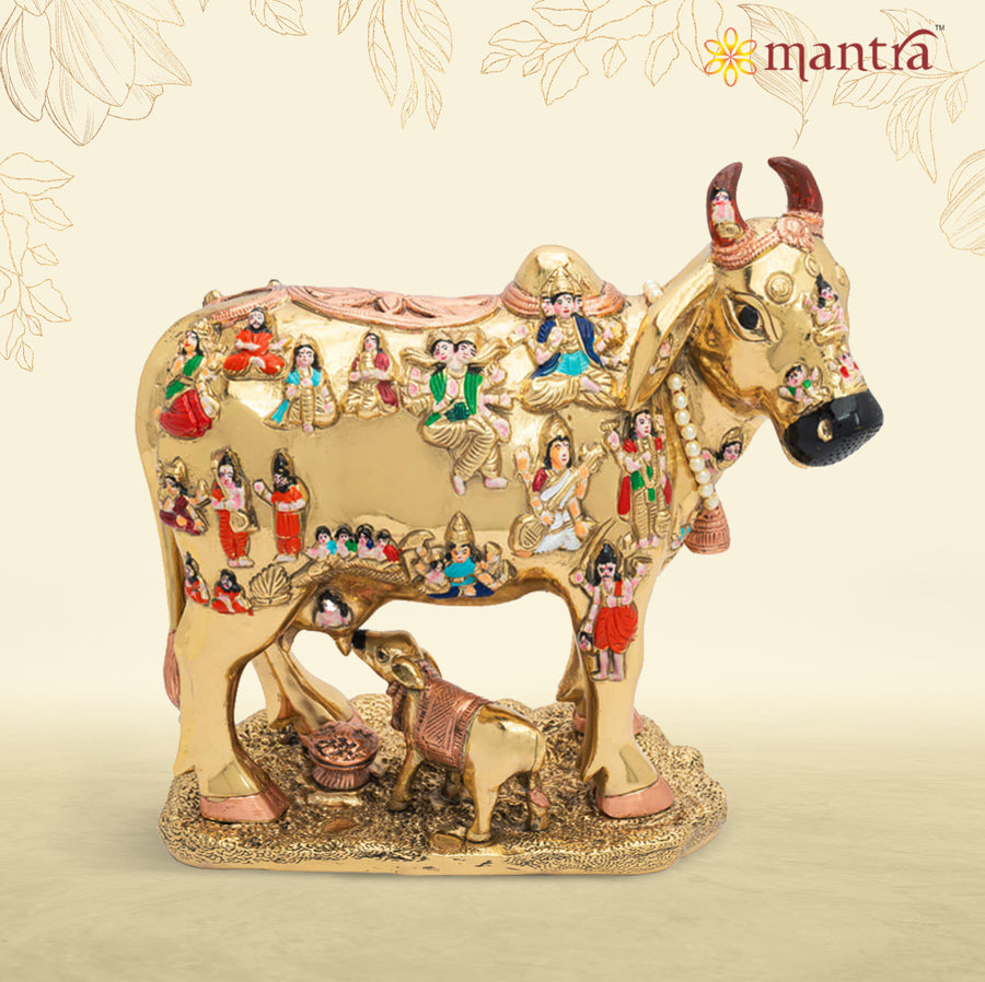 MANTRA DIVIT Andhra Gomatha Cow With Calf Vastu Statue (24k Gold Plate ...