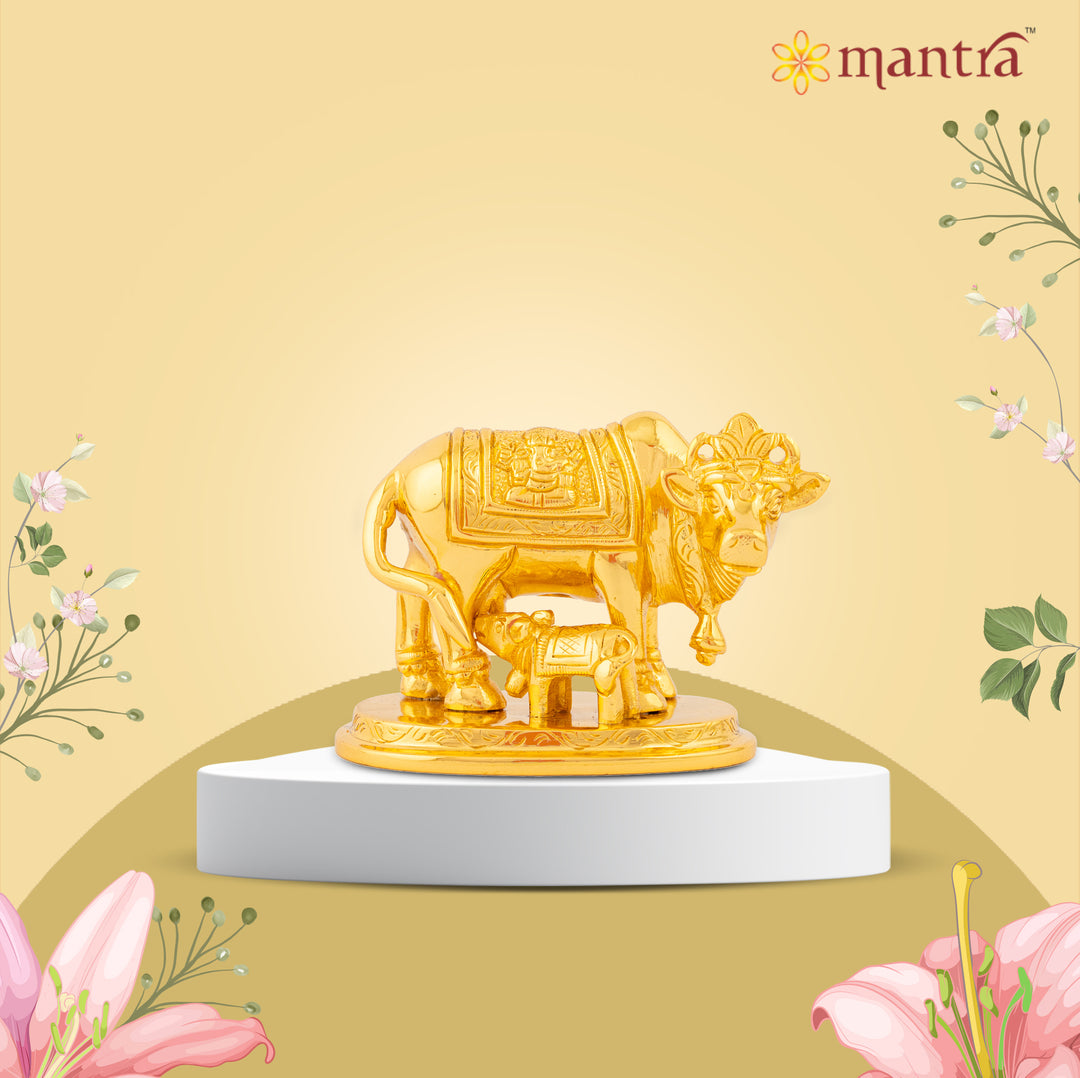 MANTRA DIVIT 24K Gold Plated Kamadhenu Gomatha Cow Idol with Calf Nand ...